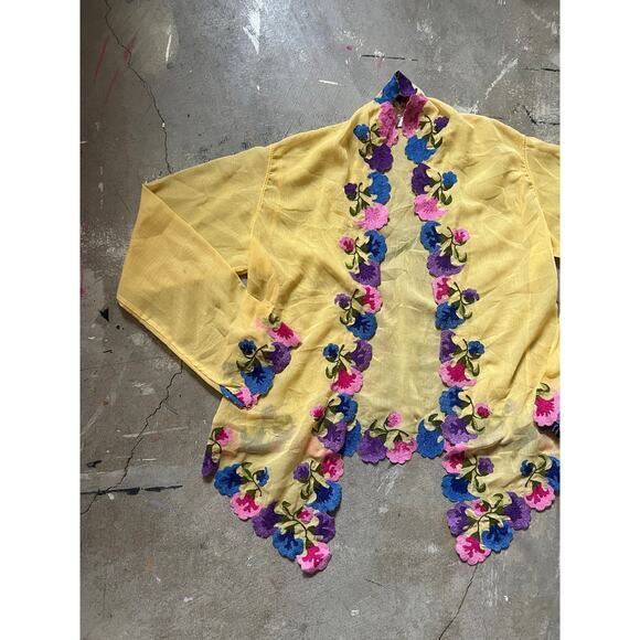 Tops | Vintage Sheer Yellow Top Floral Embroidery Bright Bold Beautiful ...